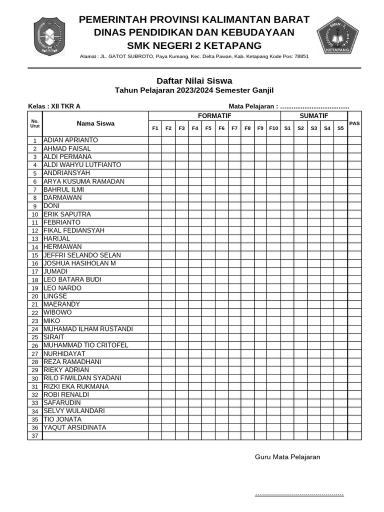 Daftar Nilai Ganjil 2023 Kelas XII | PDF