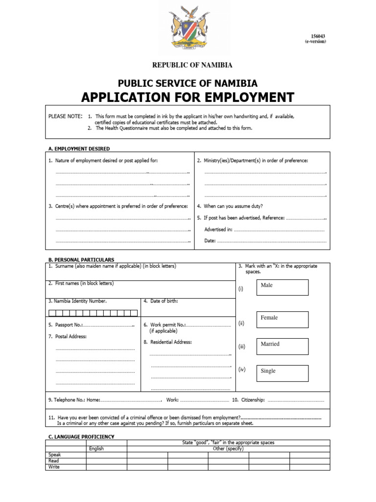 Namibia Government Application Form 2025 | PDF