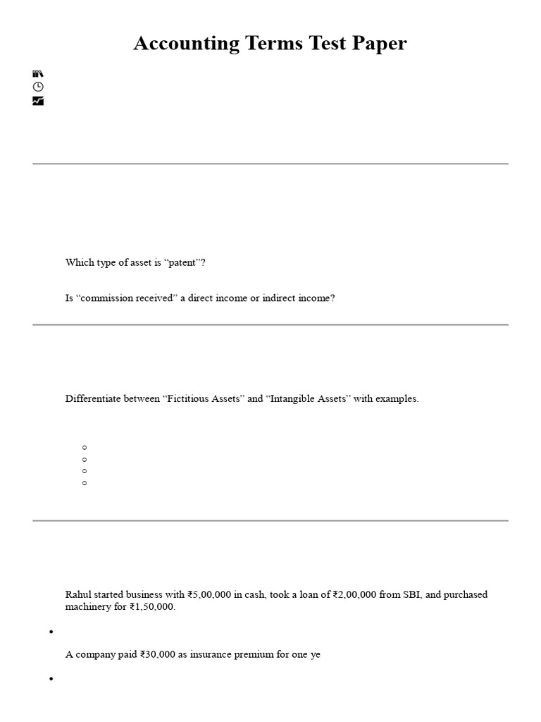 Accounting Terms Test Paper for Class 11 | PDF