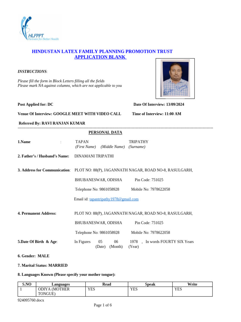 HLFPPT Job Application Form for DC Position | PDF