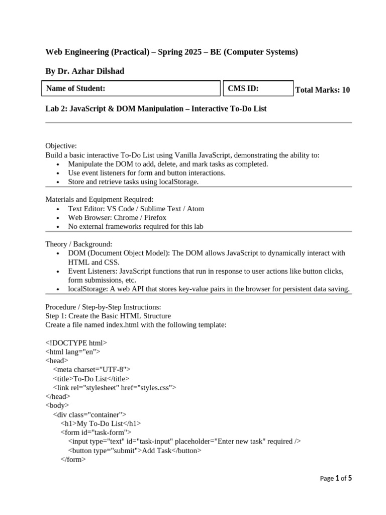 Lab 2 Web Engineering | PDF | Document Object Model | Java Script