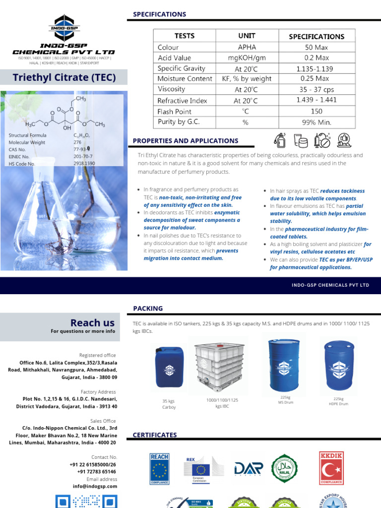 TEC E-TDS 2023 - Tri Ethyl Citrate | PDF | Chemical Substances