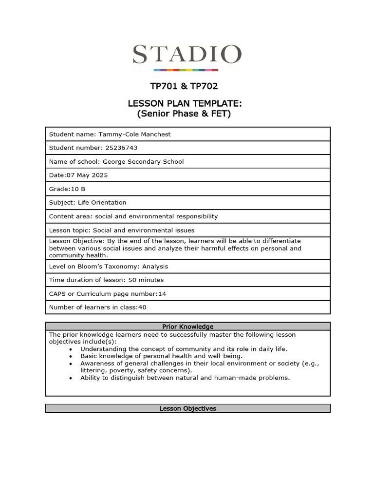 Social and Environmental Issues Formal Lesson Plan | PDF | Learning ...