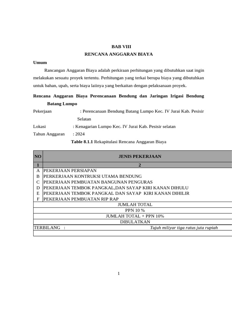 Rencana Anggaran Bendung Batang Lumpo | PDF