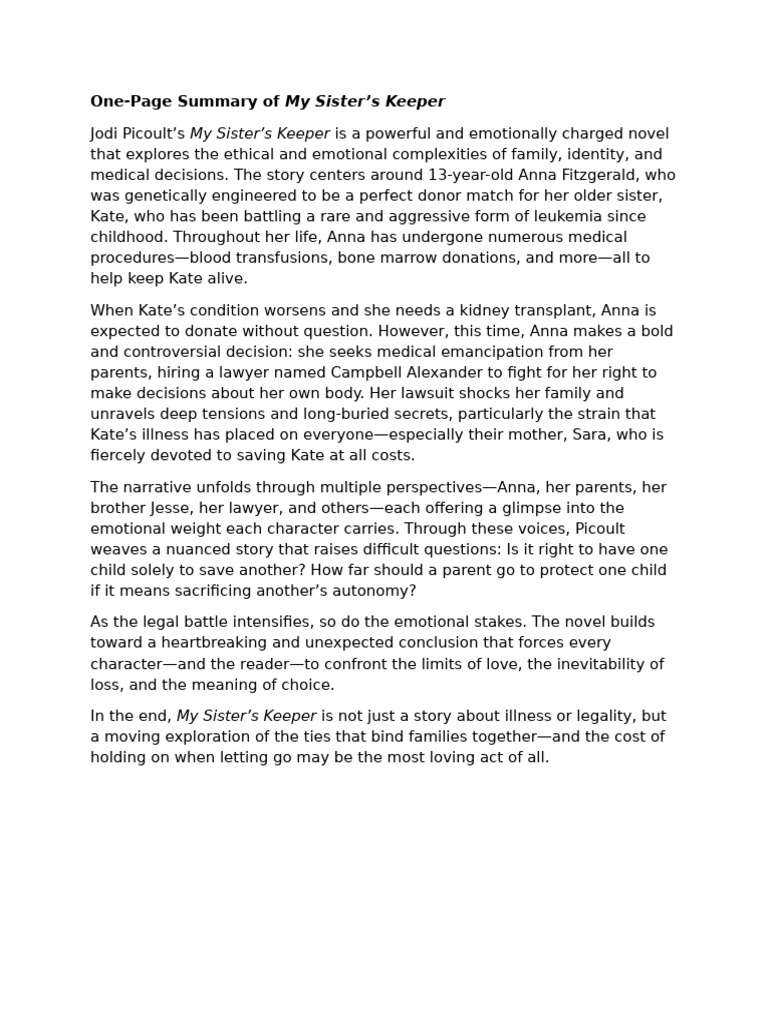One-Page Summary of My Sister's Keeper | PDF