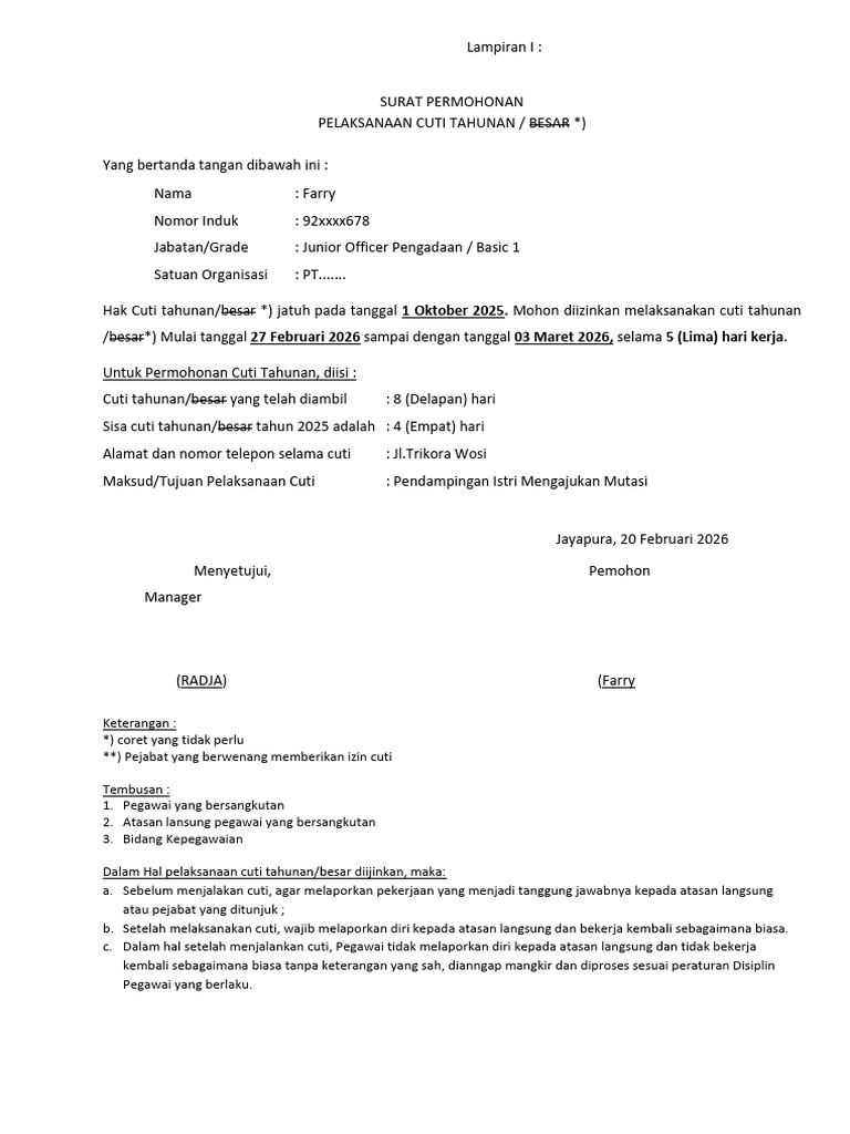 001 - Contoh Blanko Cuti - Lampiran I | PDF