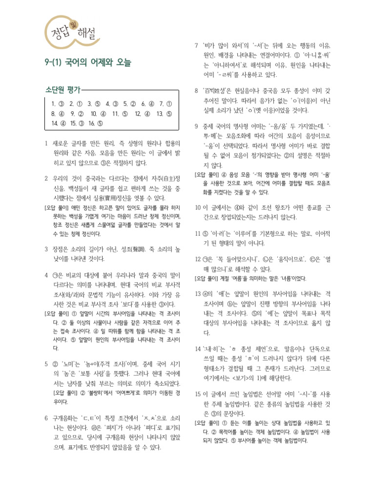 고등국어 소단원평가 9 01 국어의 어제와 오늘 정답 | PDF