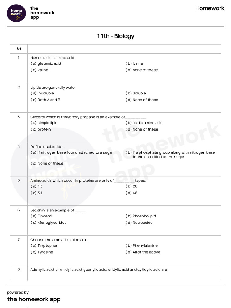Questions - Homework - 11th - Biology - 2025-07-10T10 - 11 | PDF ...