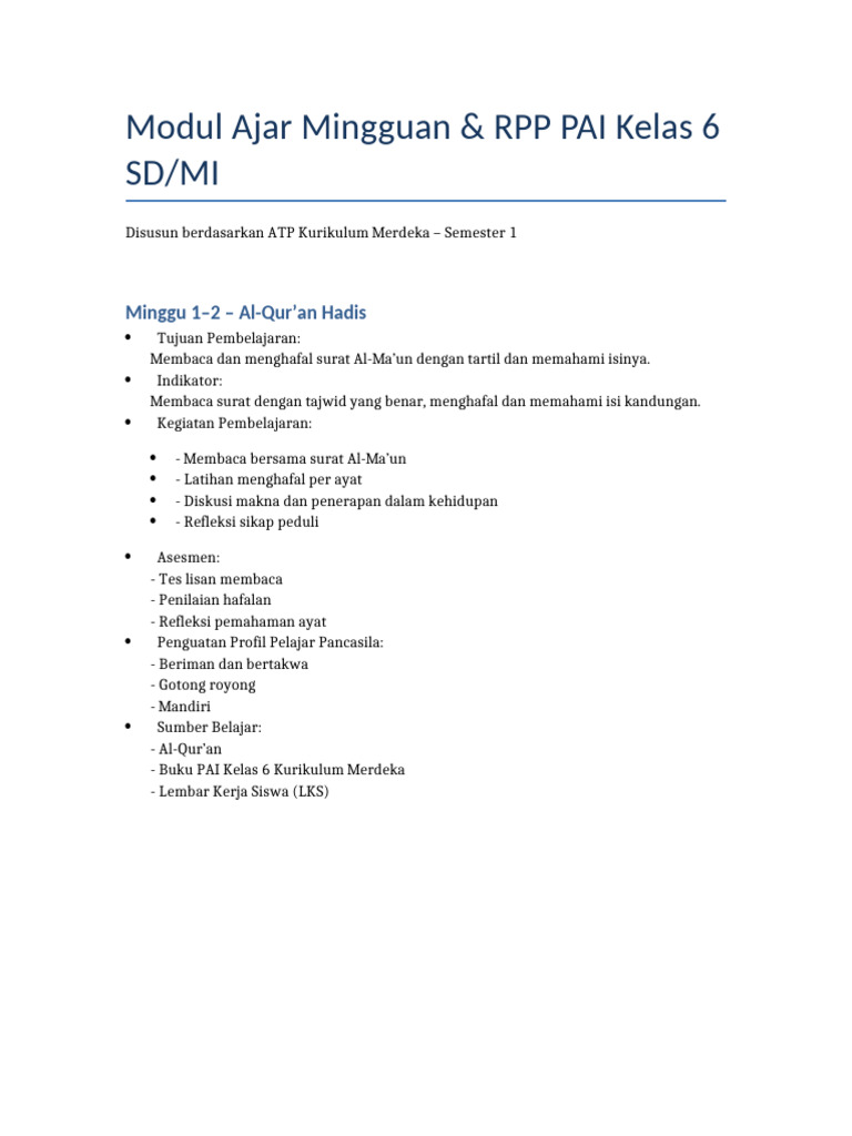 Modul Ajar RPP PAI Kelas 6 SD Semester1 (1) | PDF