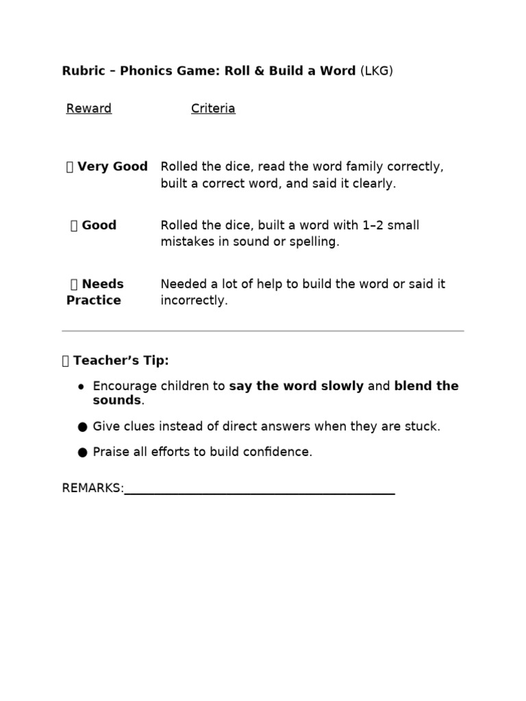 Roll The Word Family Dice (LKG-Rubrics) | PDF