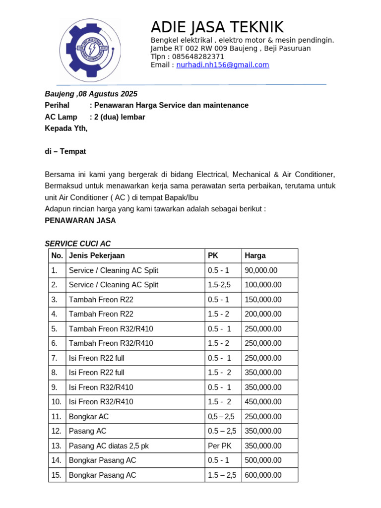 Penawaran Harga Jasa Service AC | PDF