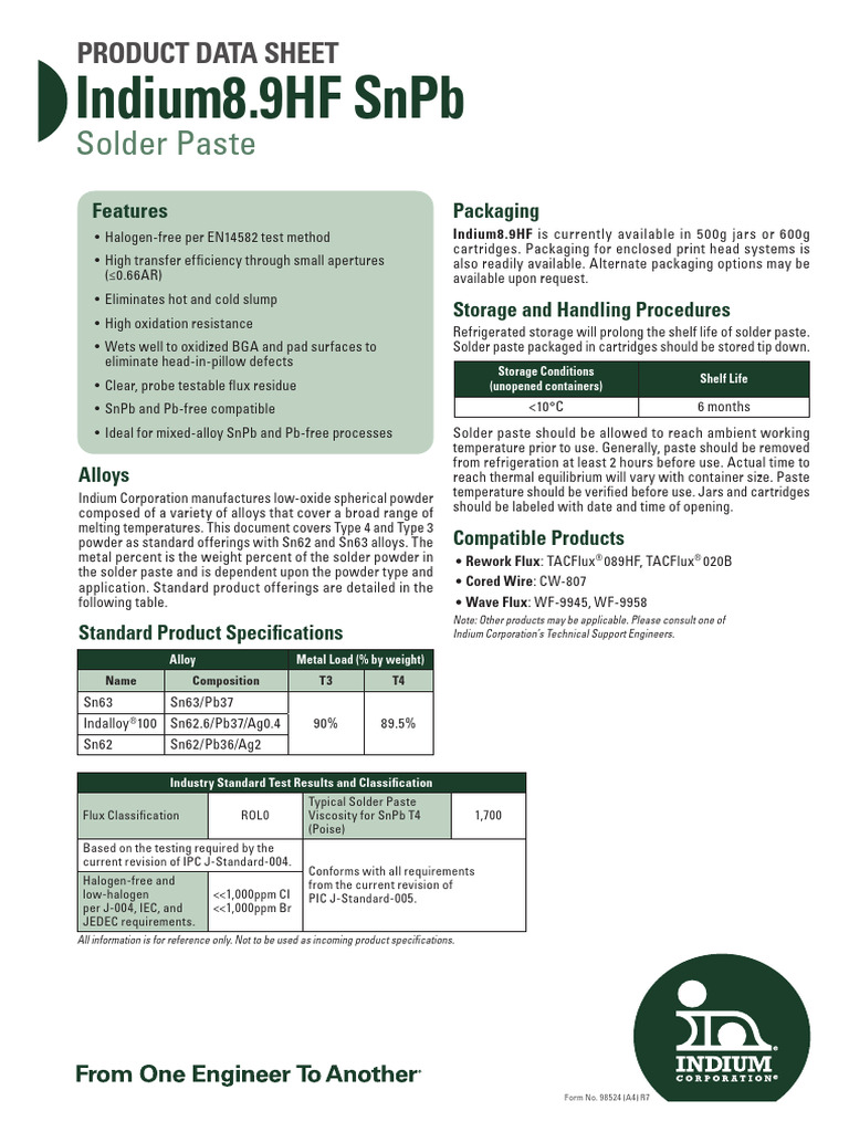 Indium8.9hf SNPB Solder Paste Pds 98524 A4 r7 | PDF | Solder ...
