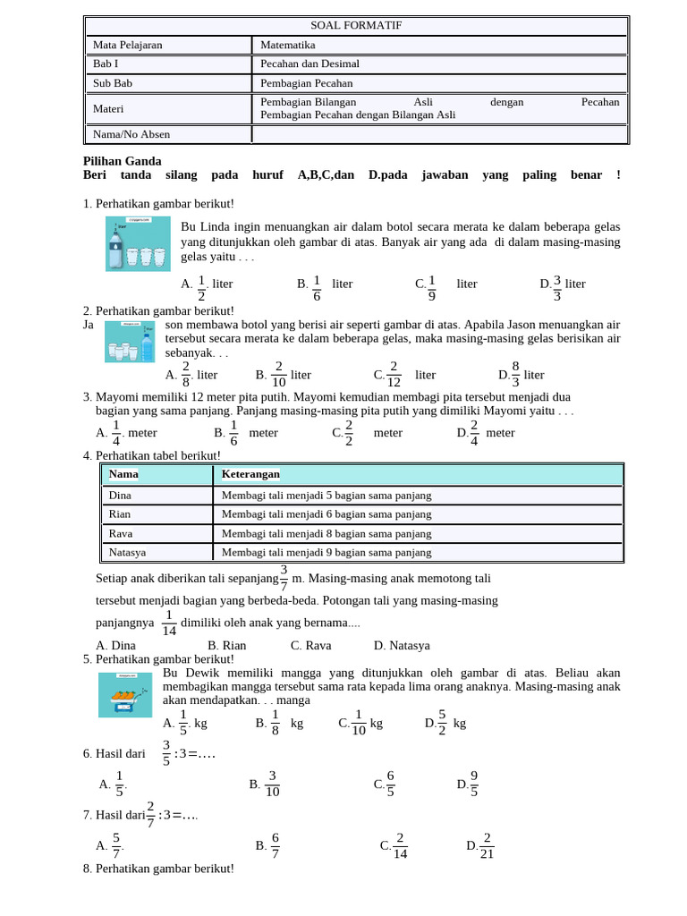 Soal Formatif MTK Pembagian Pecahan 1 | PDF
