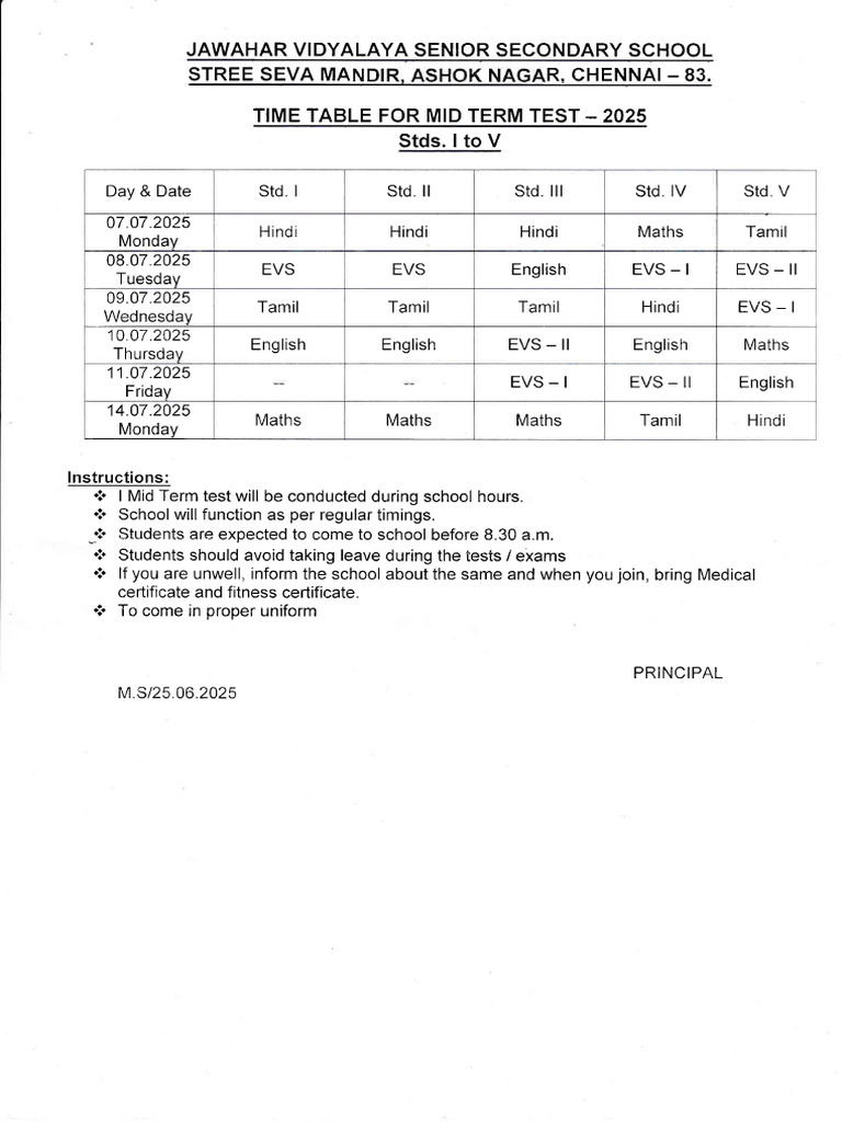 STD I To V - MIDTERM TIMETABLE | PDF