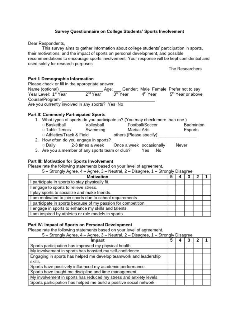College Sports Participation Survey | PDF | Sports | Social Psychology