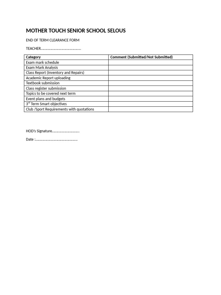 Teacher End of Term Clearance Form | PDF