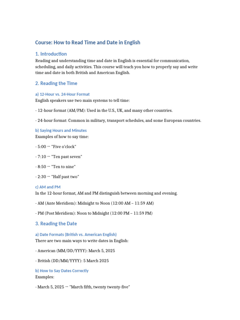 Reading Time and Date in English | PDF