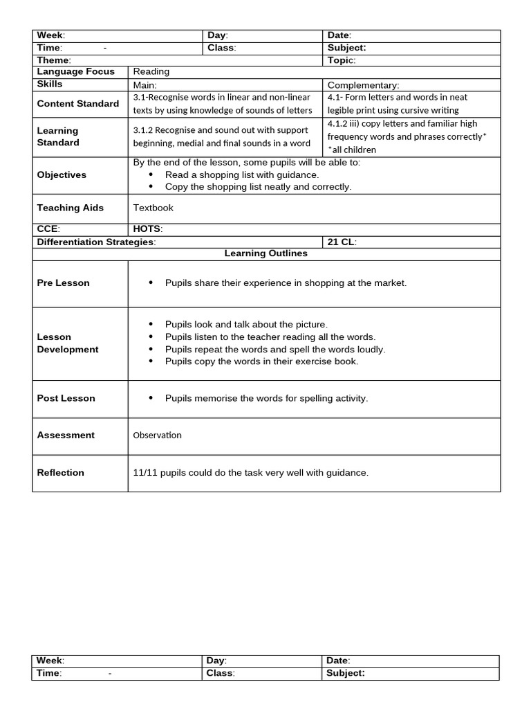 Weekly Lesson Plans for Reading Skills | PDF | Teachers | Linguistics