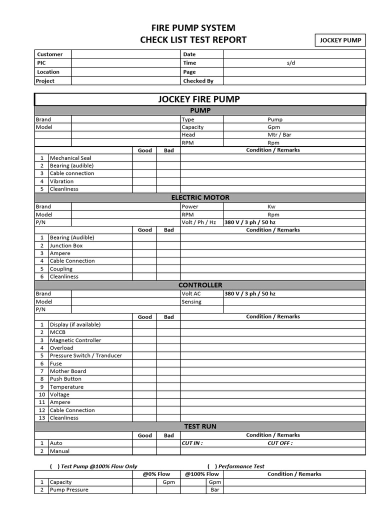 Jockey Pump Inspection Checklist | PDF | Pump | Fuse (Electrical)