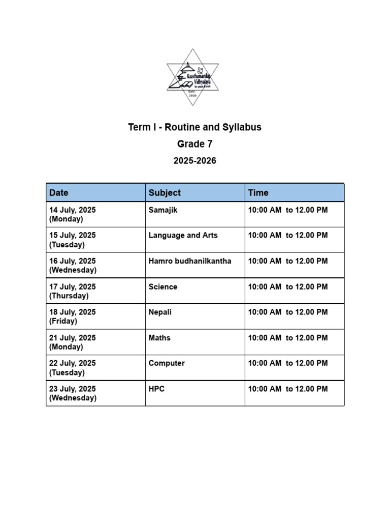 Term I - Routine and Syllabus - Grade 7 | PDF | Algebra | Integer