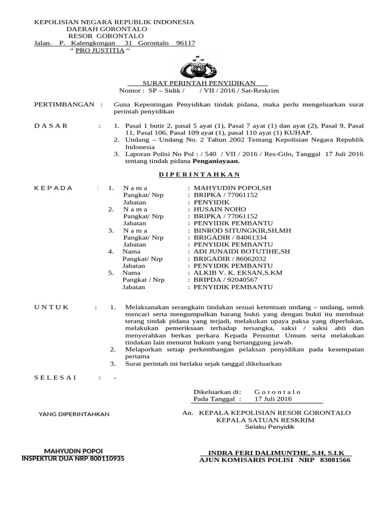 Surat Perintah Penyidikan Tindak Pidana | PDF