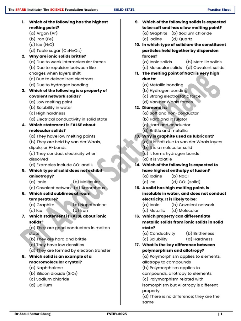Solid State Practice Questions | PDF | Crystal Structure | Solid