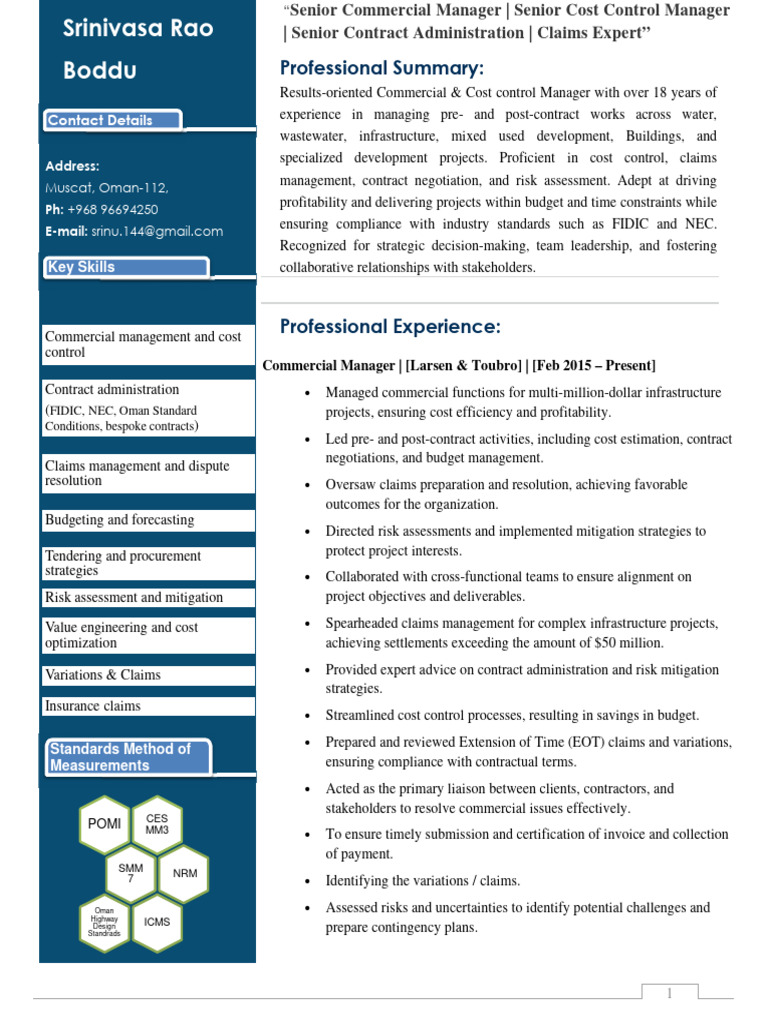 SrinivasaRao Boddu Resume Commercial Manager + MEP | PDF