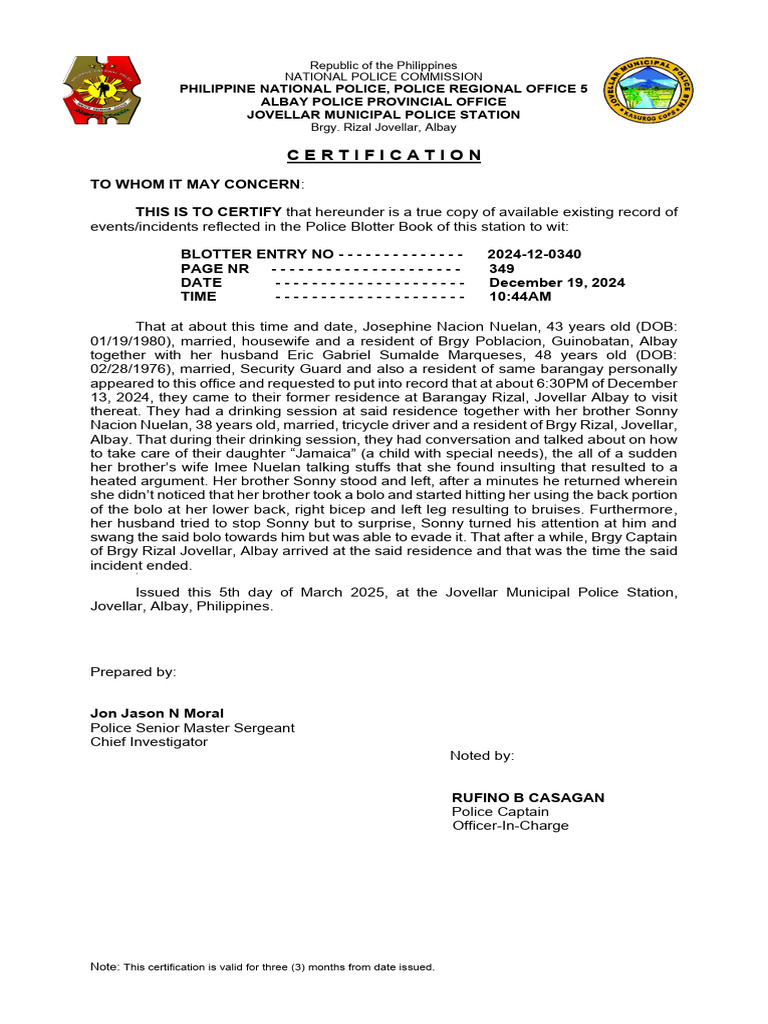 Blotter Certificate 2024-12-341 | PDF