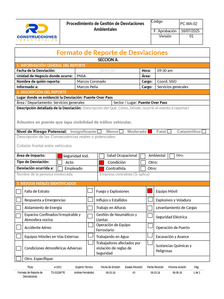 Formato de Reporte Desviaciones HSE TS SS29F7E Puente Over Pass | PDF