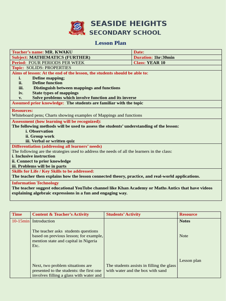 Year 10 Math Lesson Plan: Solids & Volume | PDF | Shape | Volume