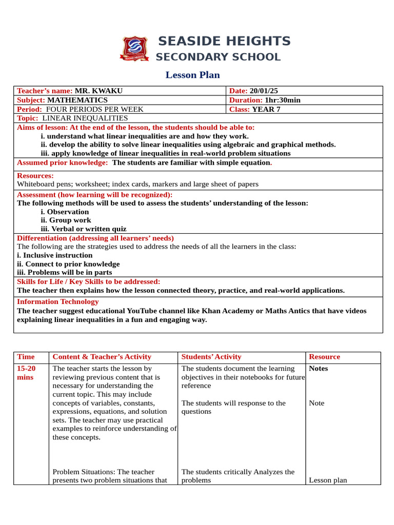 Mathematics - Lesson Plan - Week 3 & 4 - Year 8a & 8b - Second Term ...