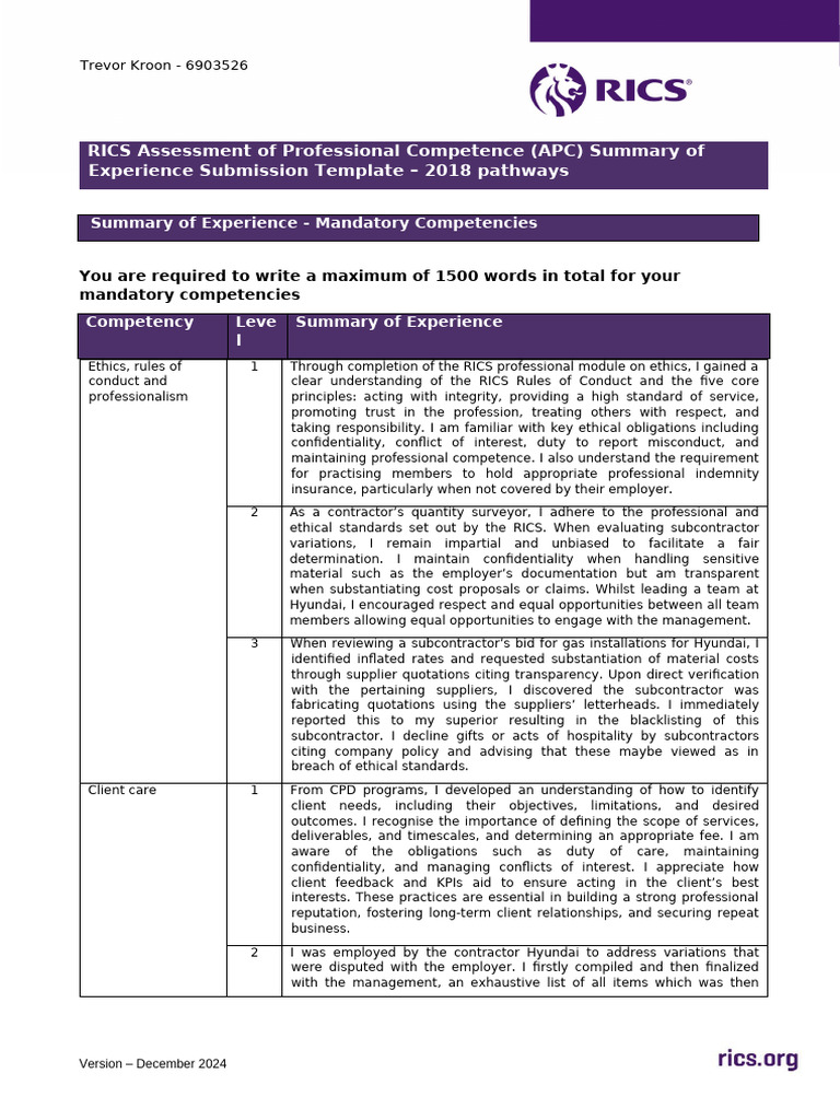 RICS APC Summary of Experience Template | PDF | Employment | Sustainability