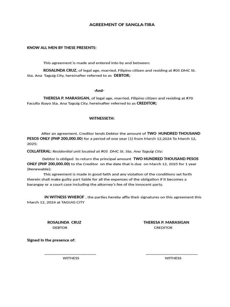 Sangla-Tira Loan Agreement Sample | PDF