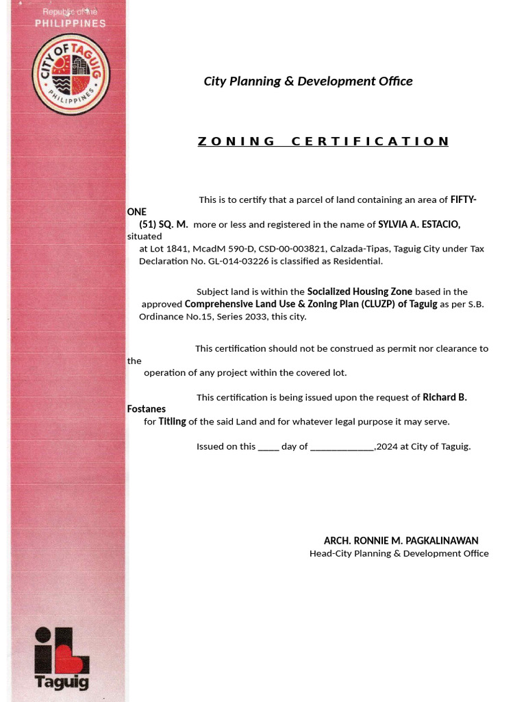 Taguig Residential Zoning Certification | PDF