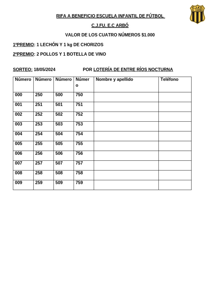 Rifa Escolar: 4 Números por $1,000 | PDF