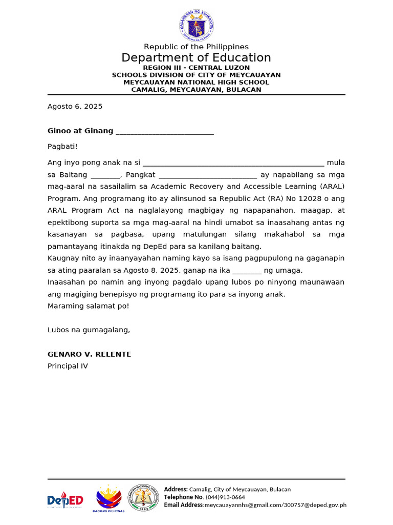 Letter To Parents ARAL Program | PDF