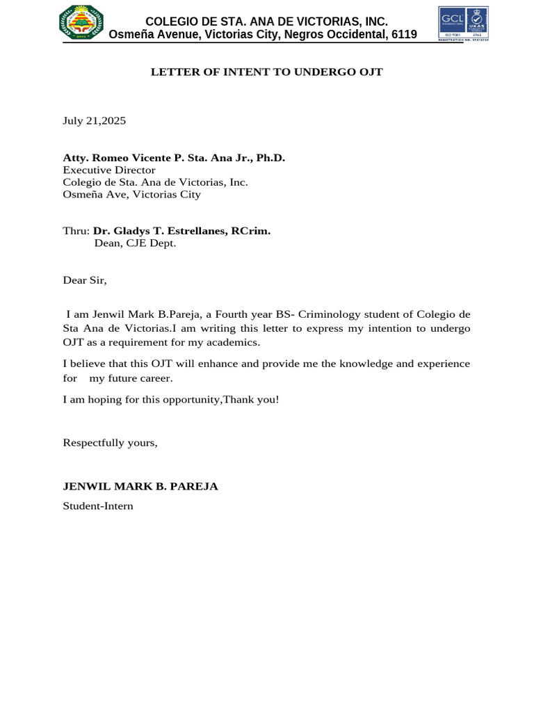 Letter of Intent To Undergo Ojt Sample | PDF