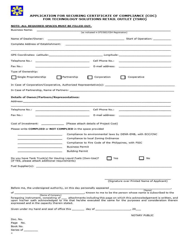TSRO Compliance Certificate Application | PDF