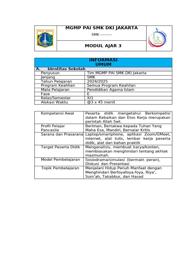 MODUL AJAR 3 Menghindari Hidup Berfoya-foya, | PDF