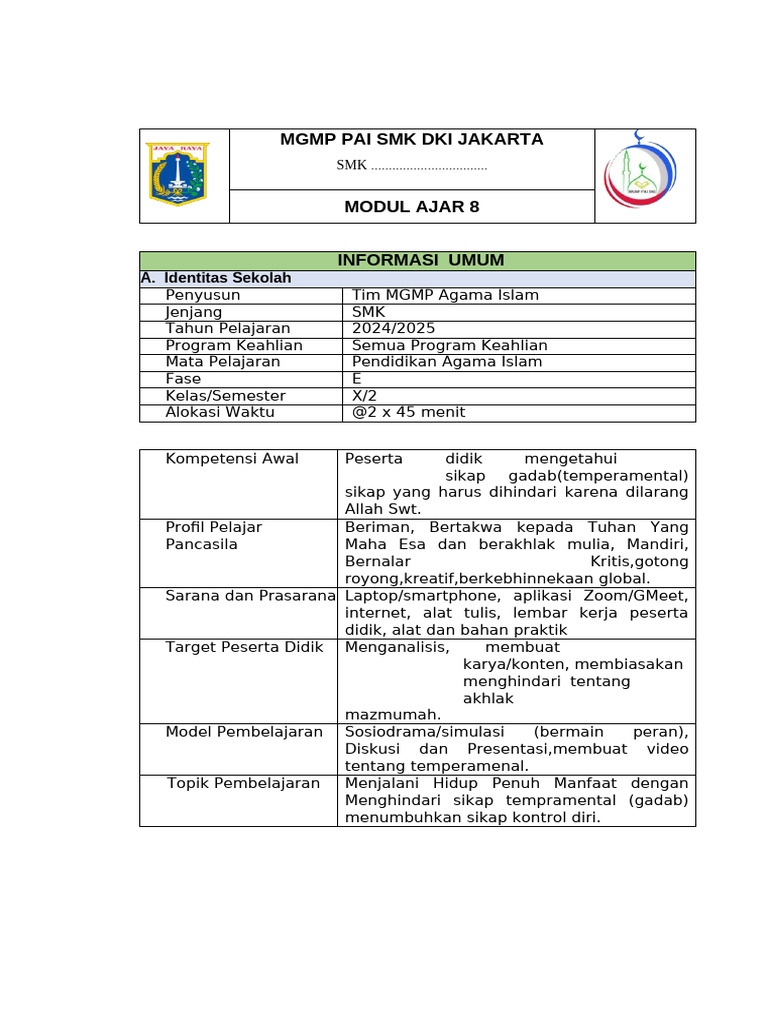Modul Ajar 8 Sikap Gadab | PDF