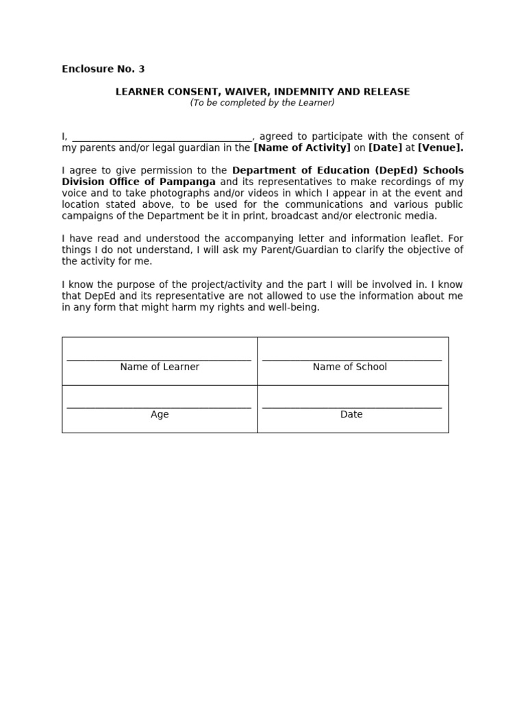 (Enclosure 3) Learner Consent, Waiver, Indemnity and Release | PDF