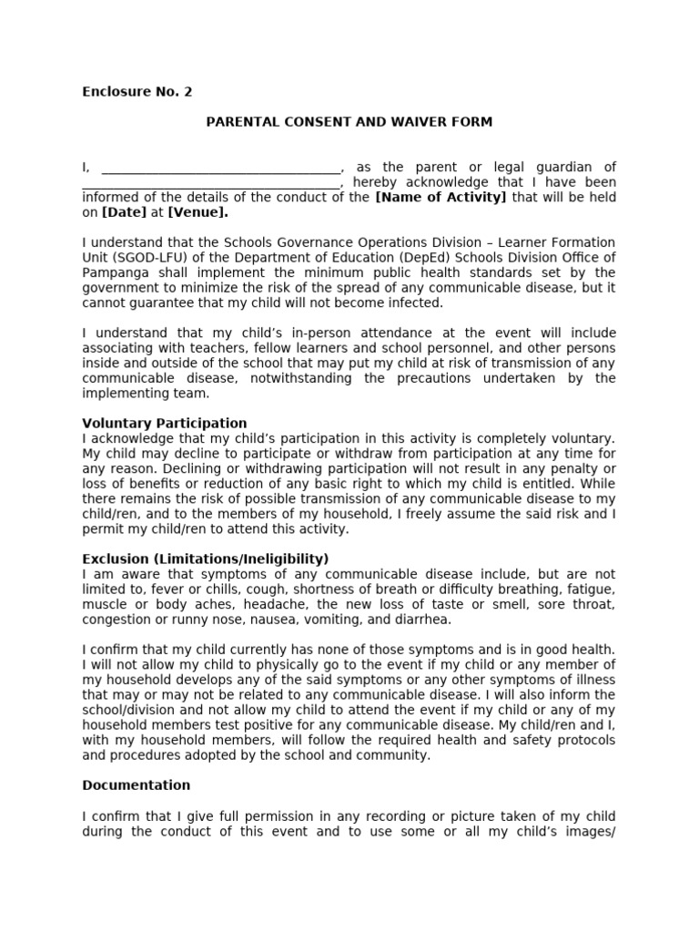 Parental Consent and Waiver Form | PDF | Infection | Diseases And Disorders