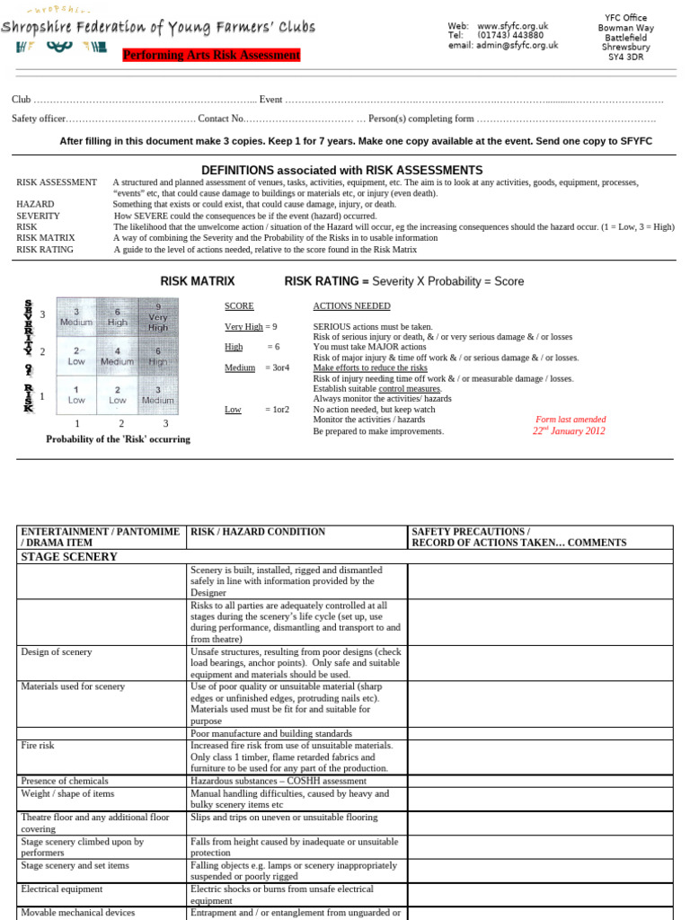 Performing Arts Risk Assessment Guide | PDF | Risk | Safety