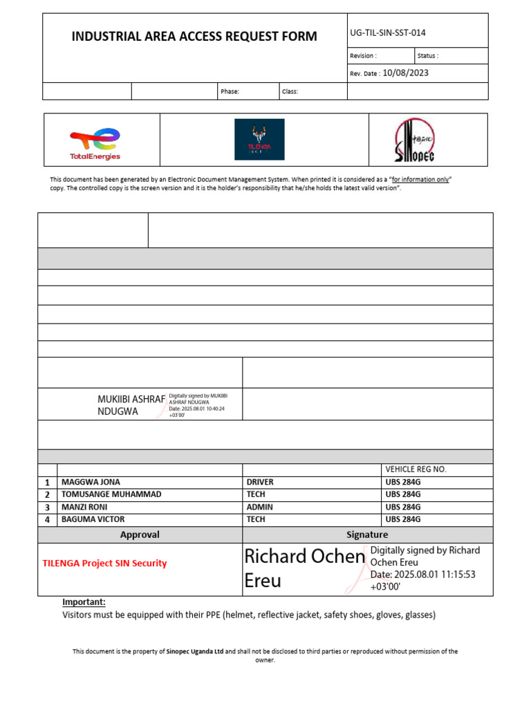Industrial Area Access Request Form | PDF | Document
