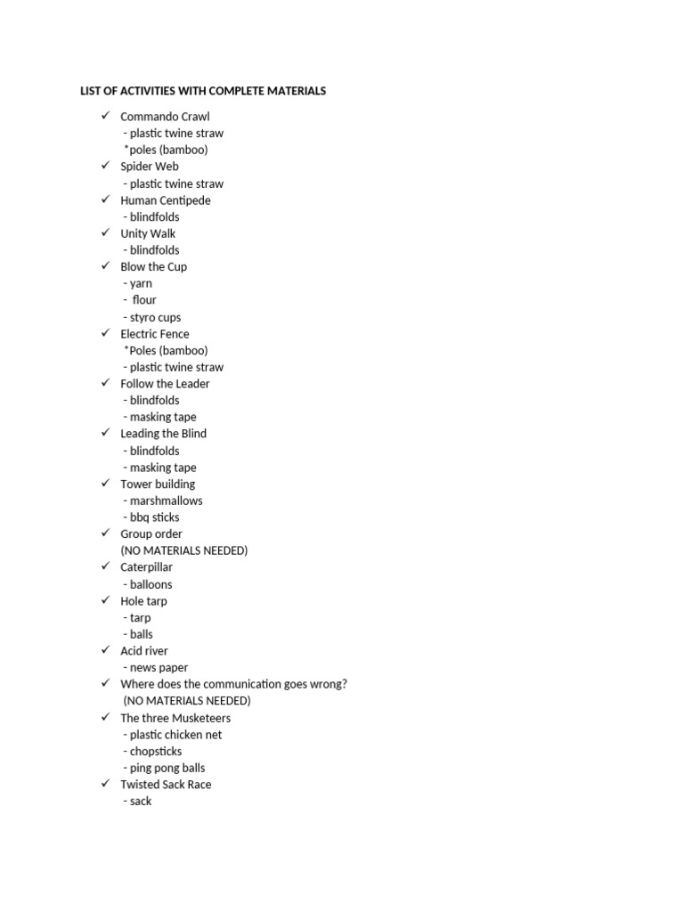 List of Activities With Complete Materials | PDF