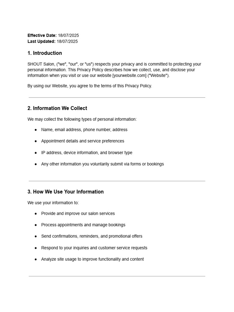 SHOUT Salon Privacy Policy Overview | PDF