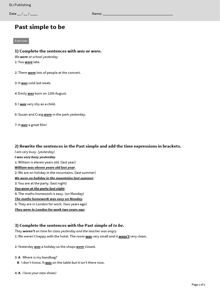 Past Simple Exercises for "To Be" | PDF