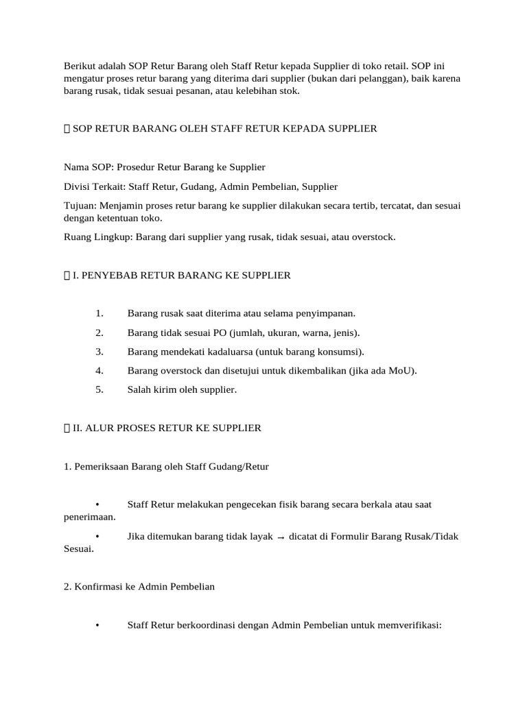 SOP Retur Barang ke Supplier | PDF