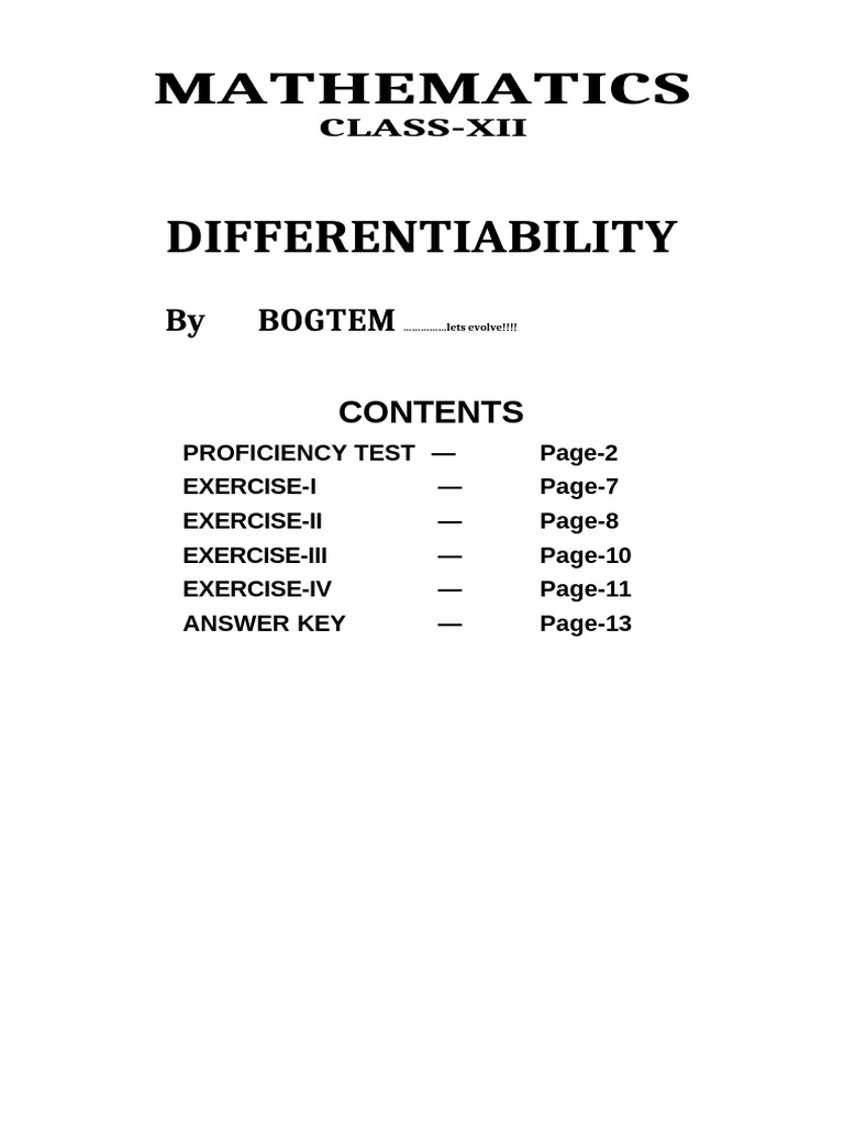 Differentiability - XII - BOGTEM PVT - LTD | PDF | Function (Mathematics) | Chess Theory