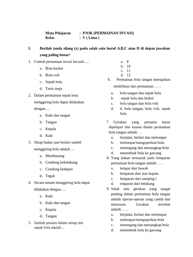 Soal PJOK Kelas 5: Permainan Invasi | PDF